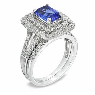 Certified Emerald-Cut Tanzanite and 0.83 CT. T.W. Diamond Bridal Set in ...