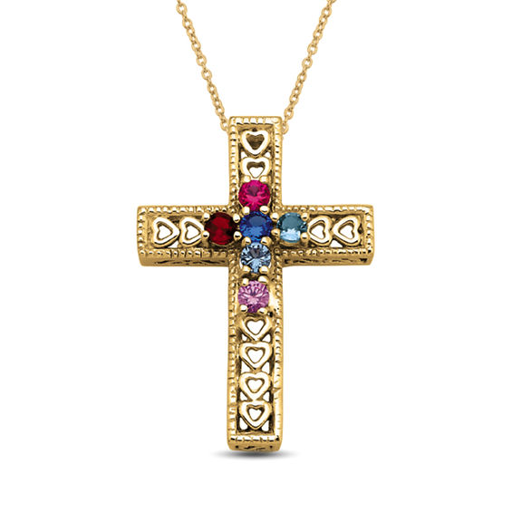 Mother s Birthstone Cross with Hearts Pendant 3 7 Stones Peoples Jewellers